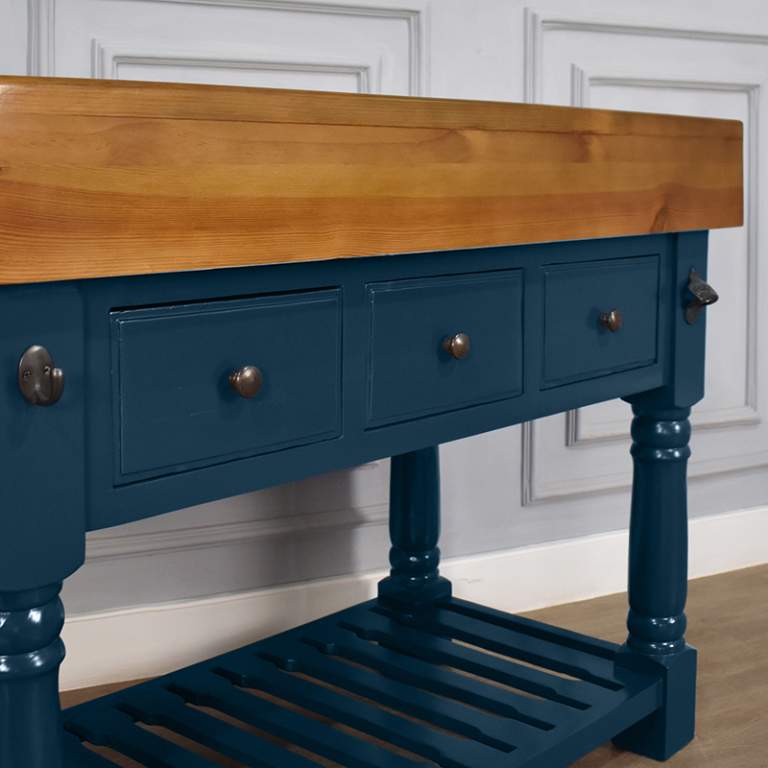 Butcher Block Kitchen Island with Three Drawers - Haig Blue Colour ...
